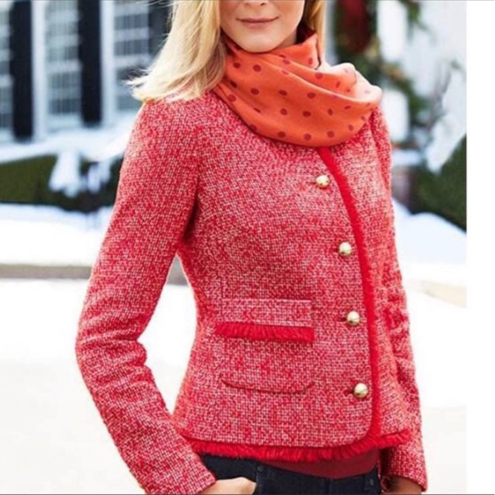Talbots Red Tweed Blazer Fringe Gold Buttons 12p 12 P… - Gem